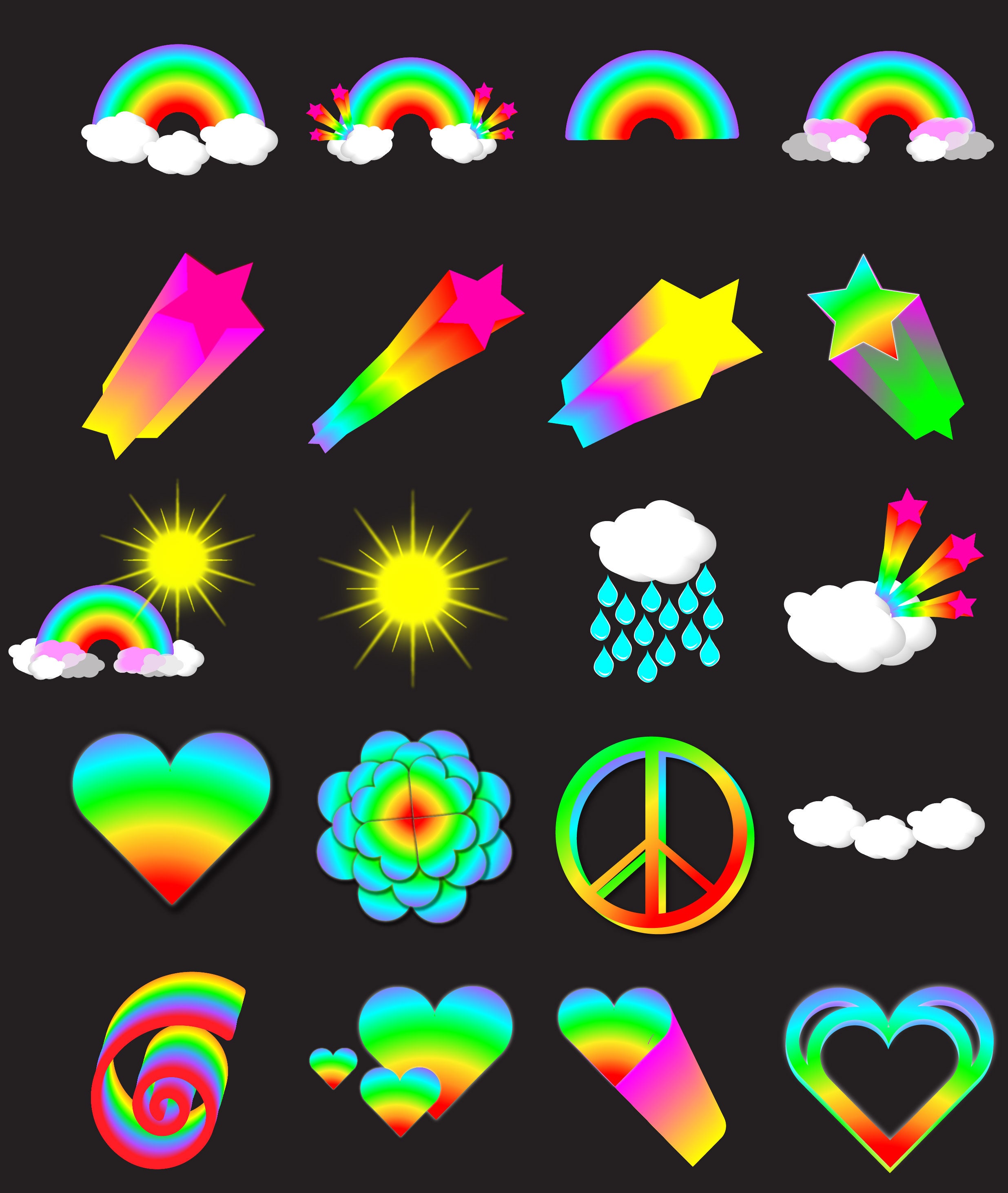 Rainbow Clipart Set PNG Digital Download Hearts Stars Clouds - Etsy