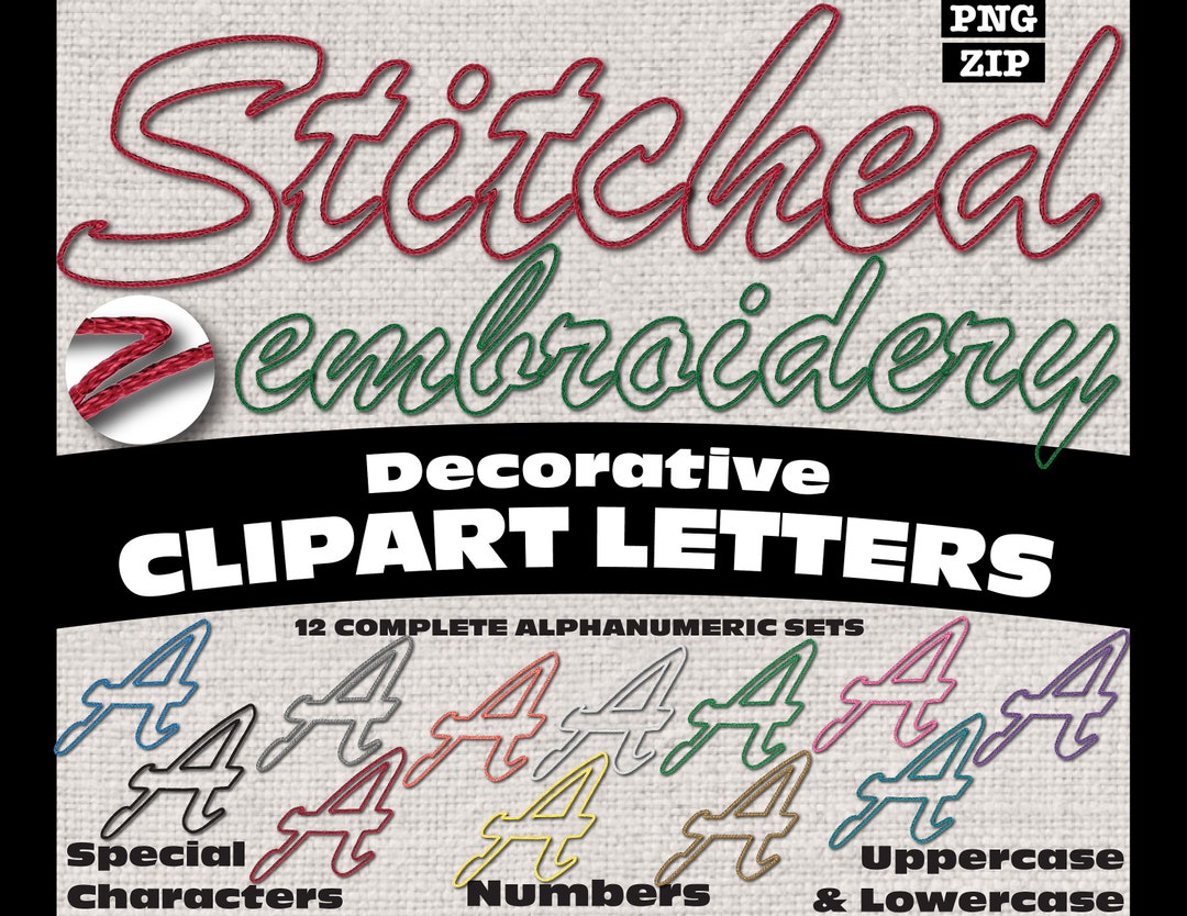 Stitched Embroidery Clipart Letters PNG Digital Download 12 Complete ...