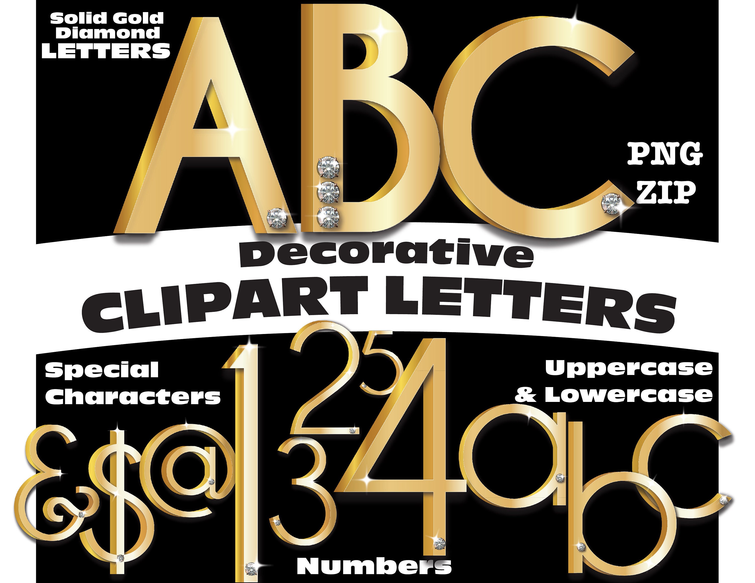 Modern Gold Diamond Clipart Letters PNG Digital Download Complete ...