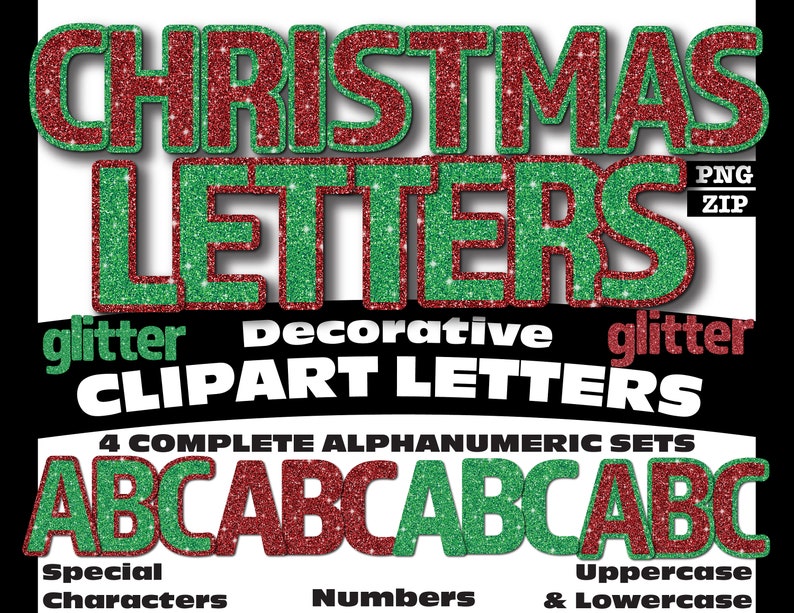 Red and Green Christmas Glitter Clipart Letters PNG Digital Download 4 ...