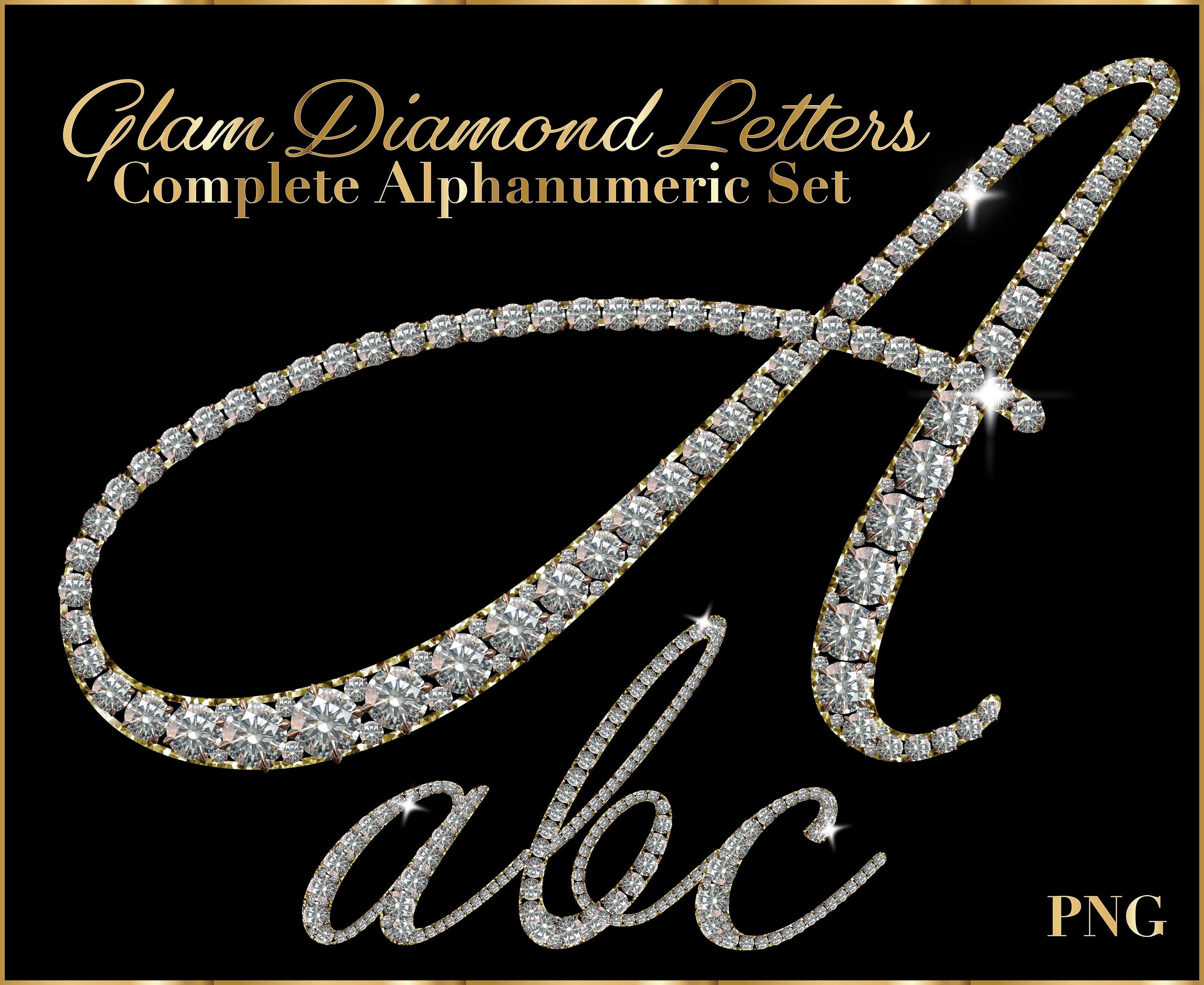 Glam Diamond Clipart Letters PNG Complete Alphanumeric Set Elegant ...