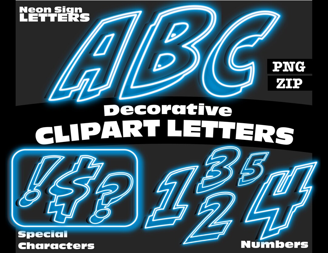 Blue Glowing Neon Sign Clipart Letters PNG Digital Download Complete ...