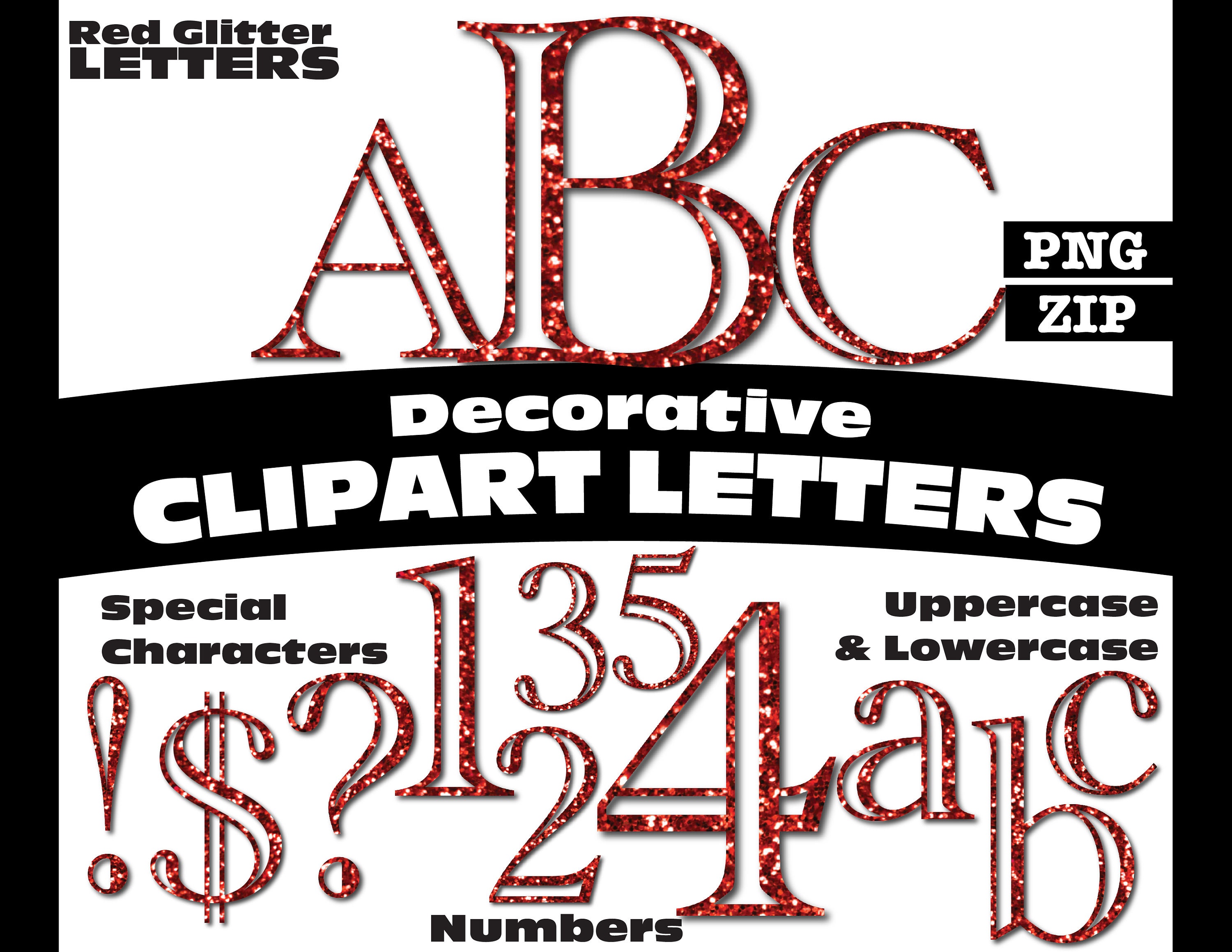 Red Glitter Clipart Letters PNG Digital Download Complete Alphanumeric ...