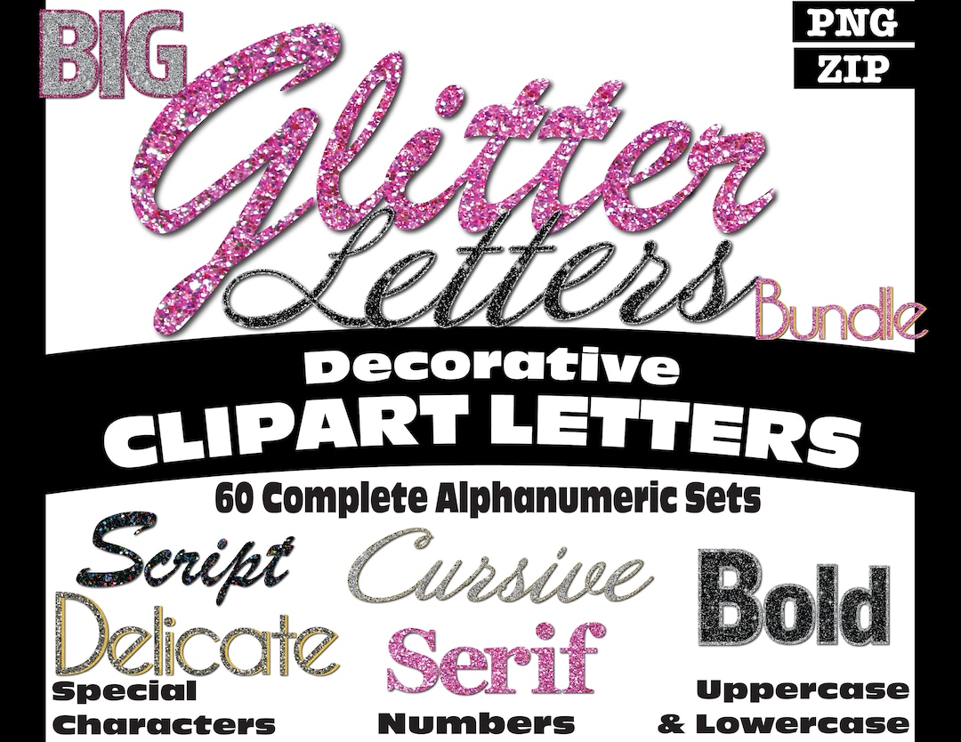 Big Glitter Clipart Letters Bundle PNG Digital Download 60 Complete ...