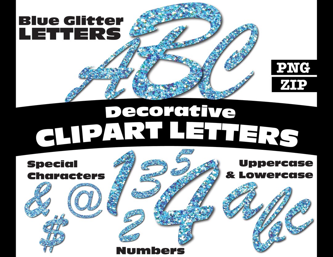 Blue Glitter Clipart Letters PNG Digital Download Complete Alphanumeric ...