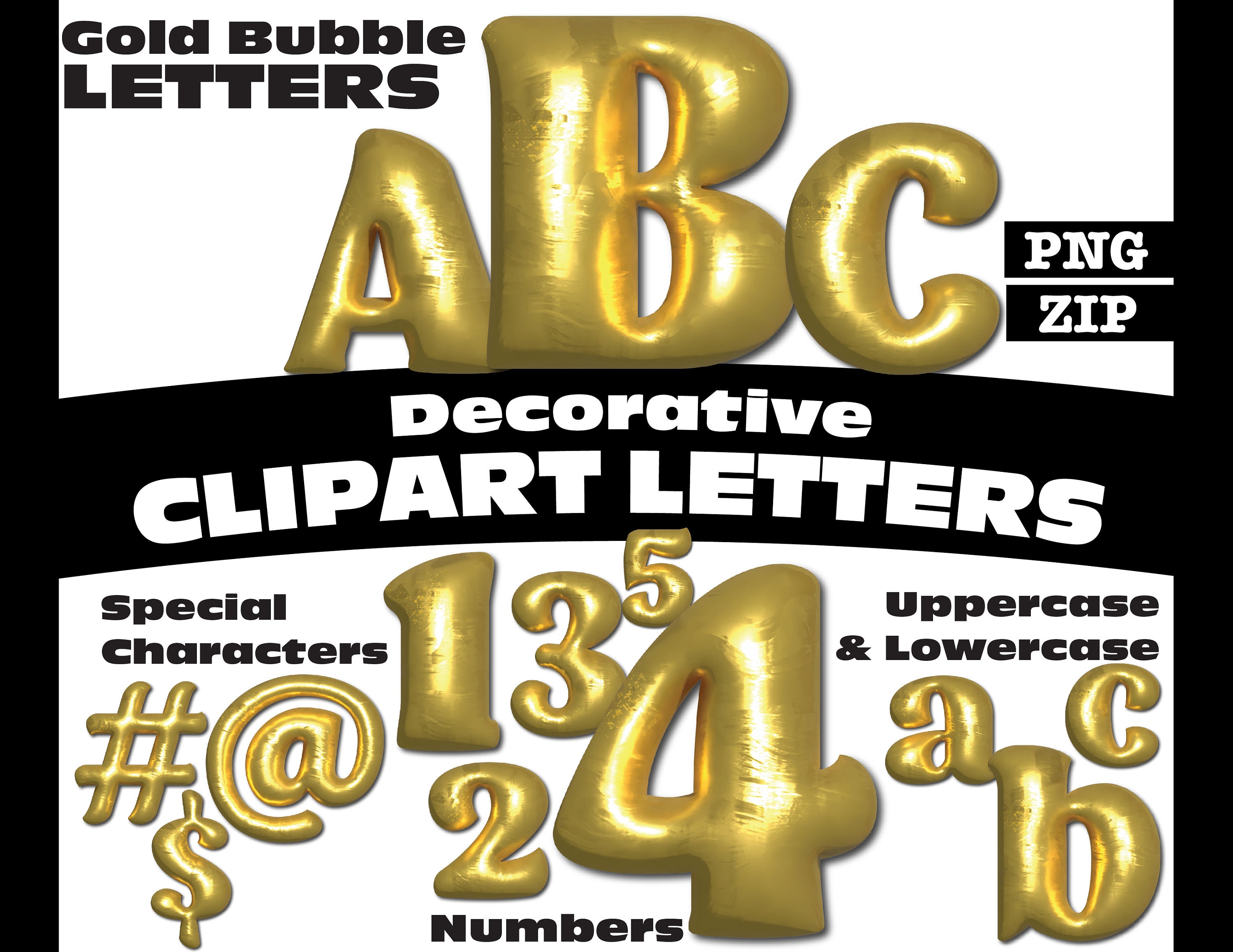Gold Bubble Clipart Letters PNG Digital Download Complete Alphanumeric ...