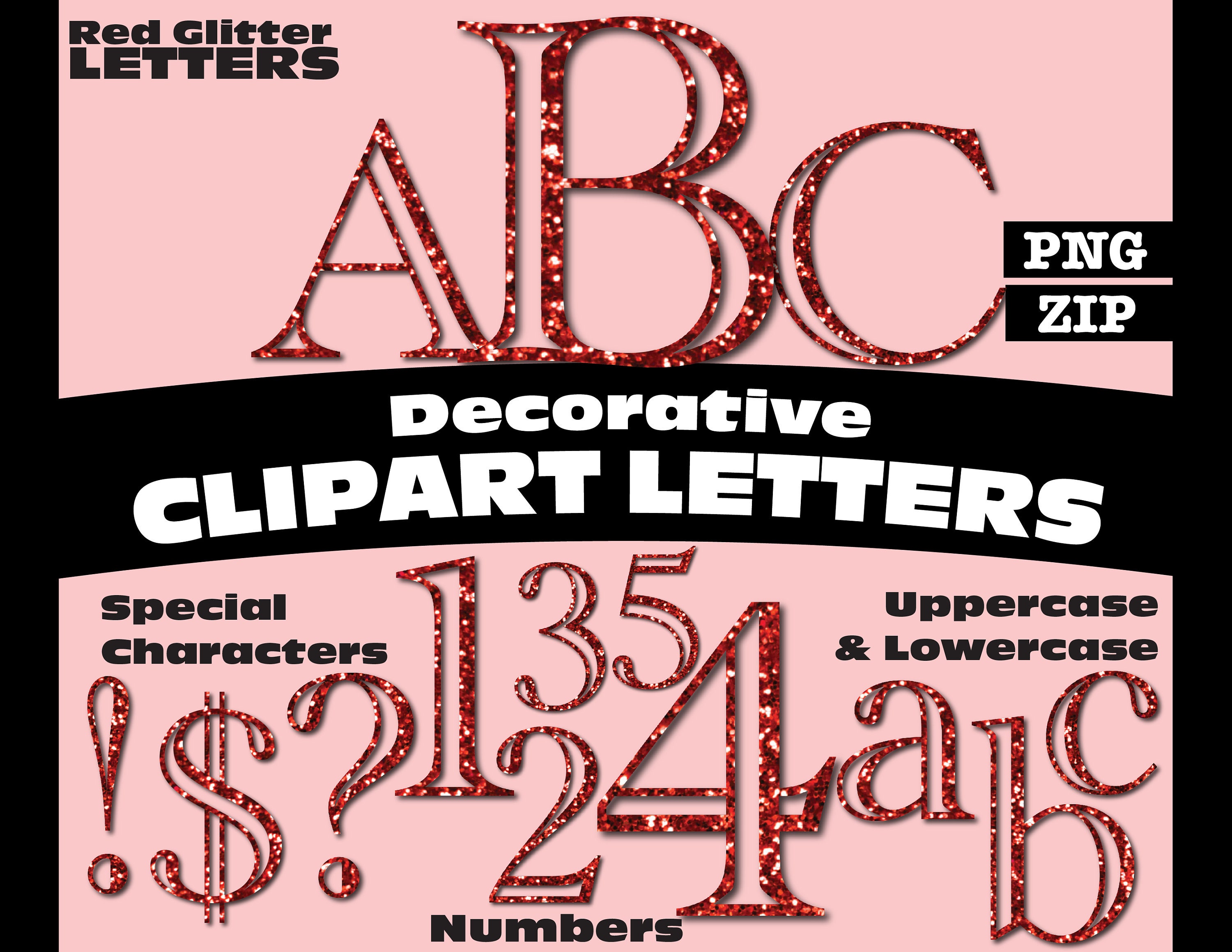 Red Glitter Clipart Letters PNG Digital Download Complete Alphanumeric ...