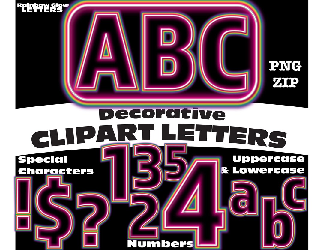 Rainbow Glow Neon Sign Clipart Letters PNG Digital Download Complete ...
