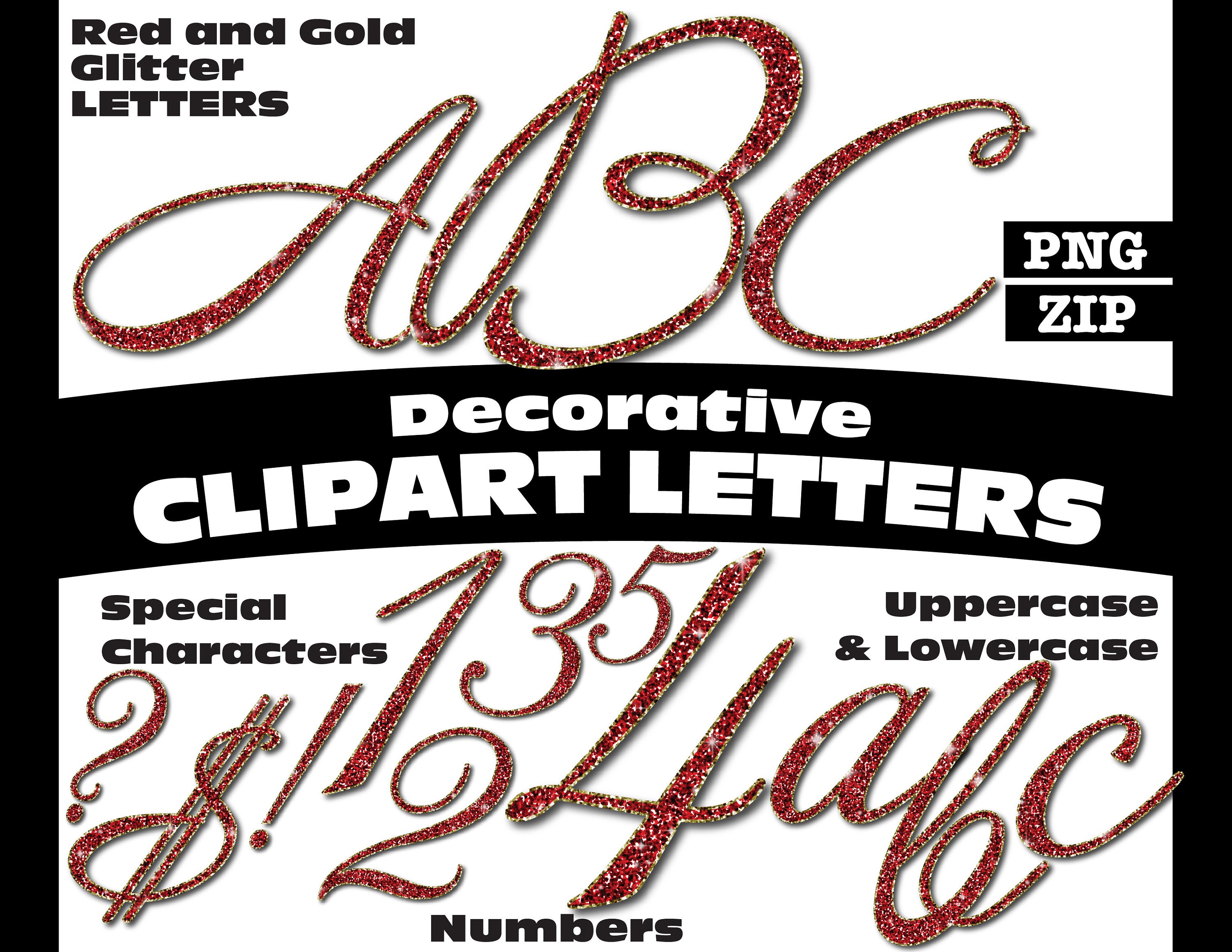 Red and Gold Glitter Clipart Letters PNG Digital Download Complete ...