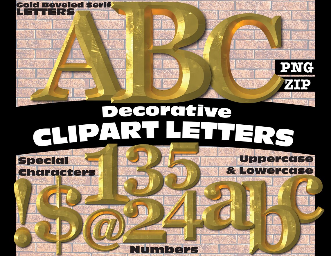 3D Shiny Gold Beveled Clipart Letters PNG Digital Download Serif Font ...
