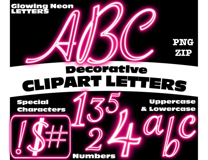 Glowing Neon Sign Clipart Letters Bundle PNG Digital Download 7 ...