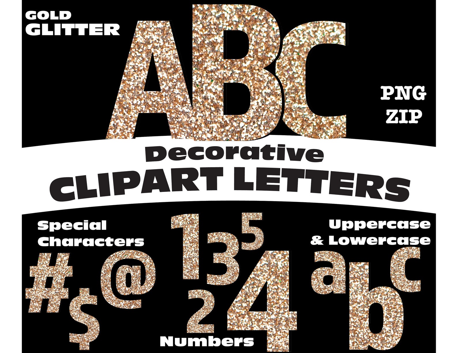 Gold Glitter Clipart Letters PNG Digital Download Complete Alphanumeric ...