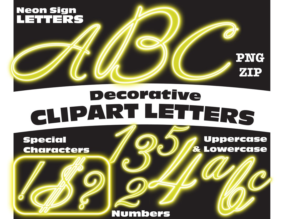 Glowing Yellow Neon Sign Clipart Letters PNG Digital Download Complete ...
