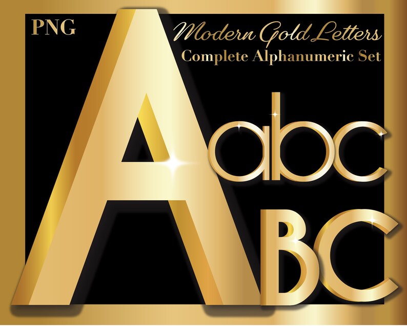 Modern Gold Clipart Letters PNG Digital Download Complete Alphanumeric ...