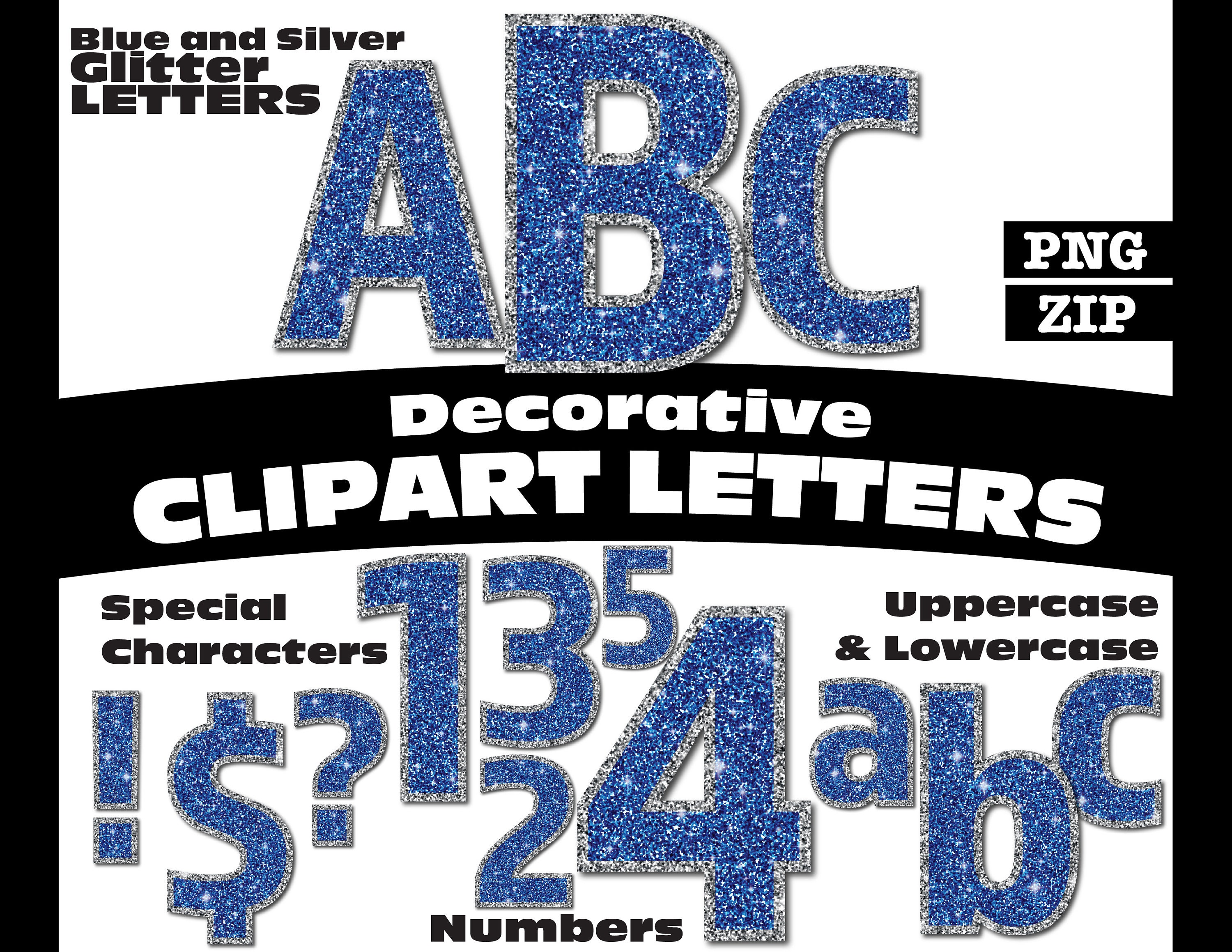 Blue and Silver Glitter Clipart Letters PNG Digital Download Complete ...