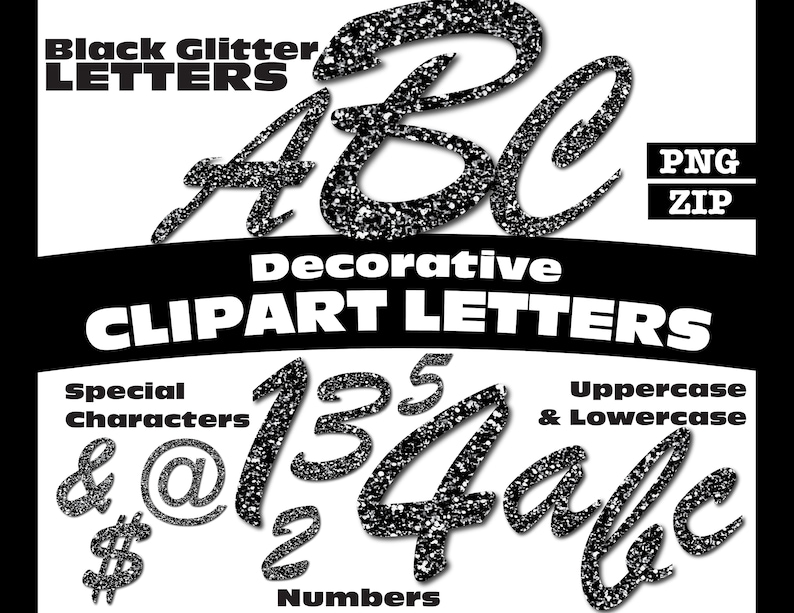 Black Glitter Clipart Letters PNG Digital Download Complete ...