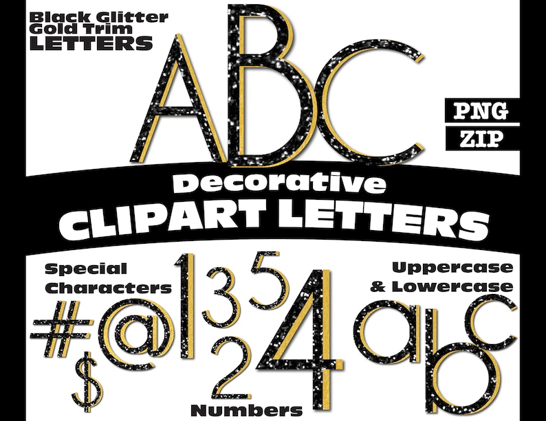Black Glitter Gold Trim Clipart Letters: Alphanumeric PNG Set (digital ...