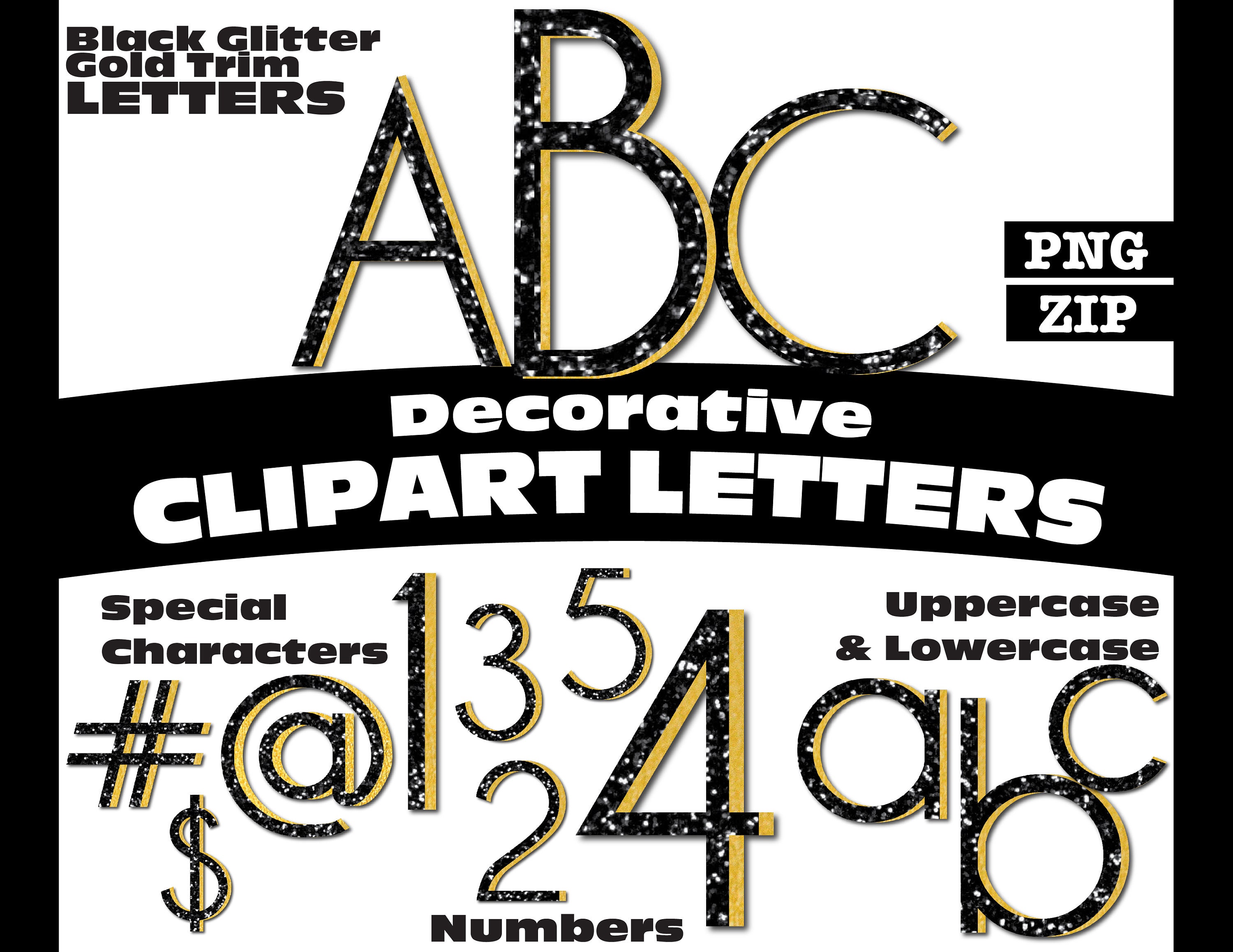 Black Glitter Gold Trim Clipart Letters: Alphanumeric PNG Set (digital ...