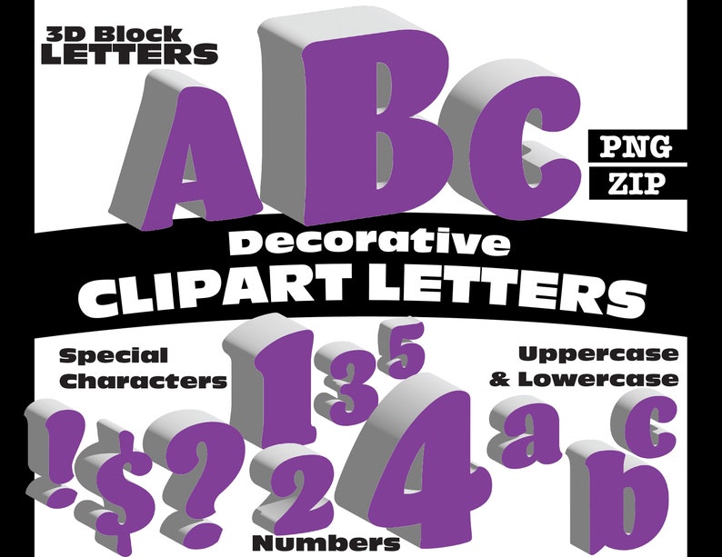 Purple 3D Clipart Block Letters PNG Digital Download Complete ...