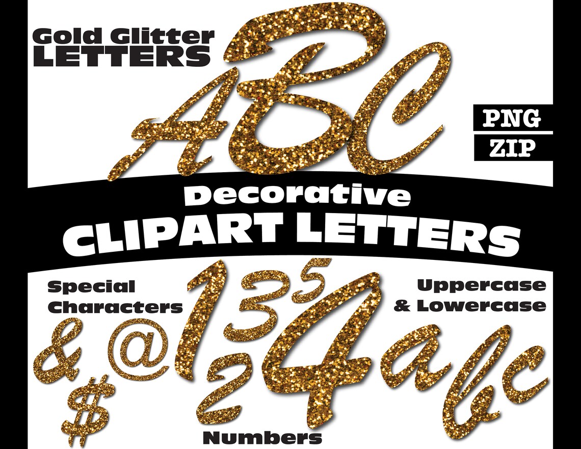 Gold Glitter Clipart Letters PNG Digital Download Complete Alphanumeric ...