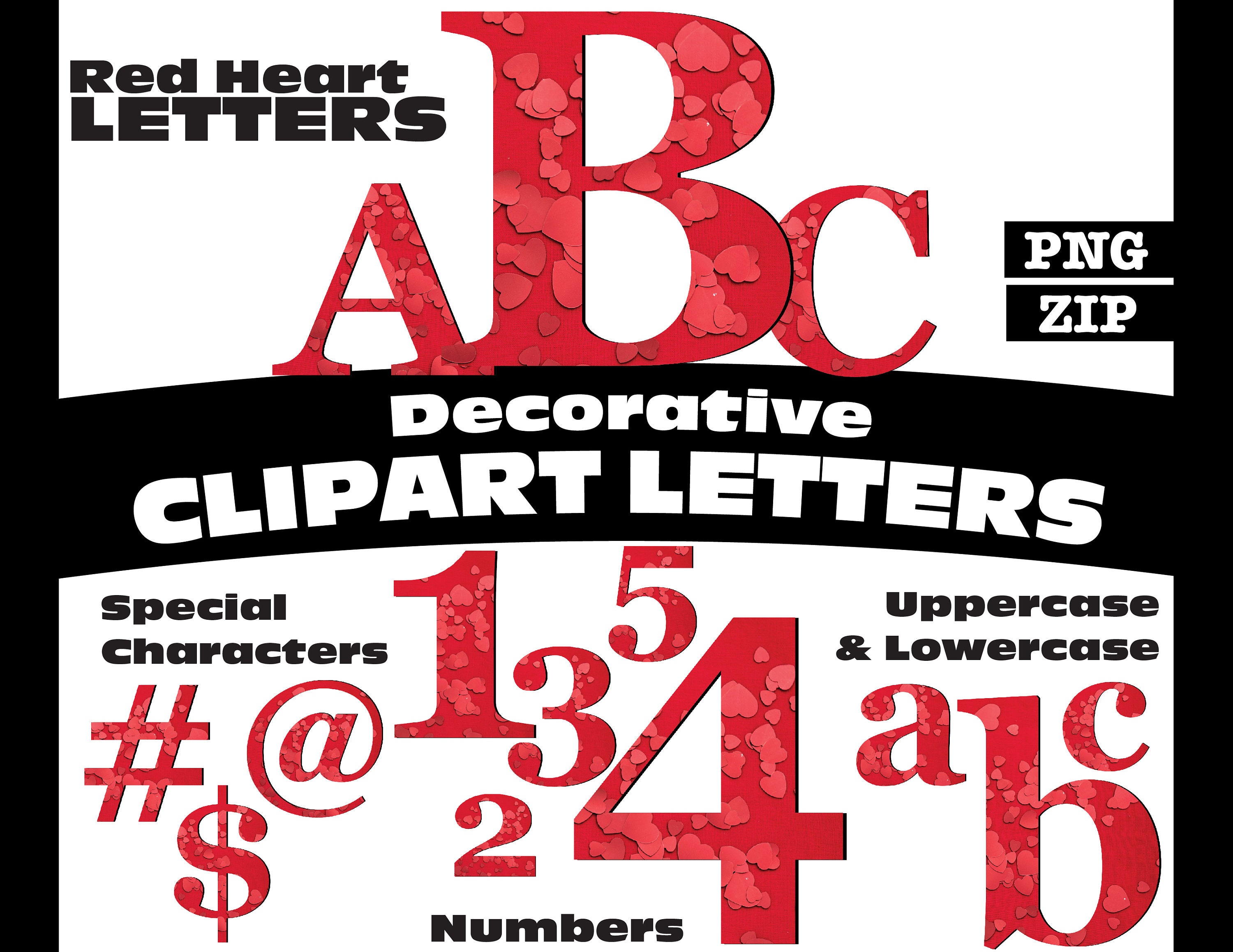 Red Heart Clipart Letters PNG Digital Download Complete Alphanumeric ...