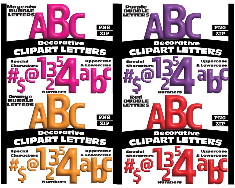 Clipart Bubble Letters Bundle 10 Complete Alphanumeric Sets - Etsy