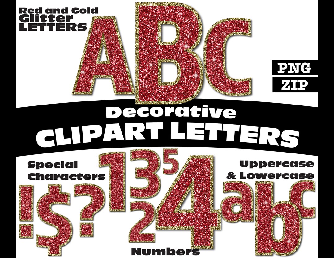 Red and Gold Glitter Clipart Letters PNG Digital Download Complete ...