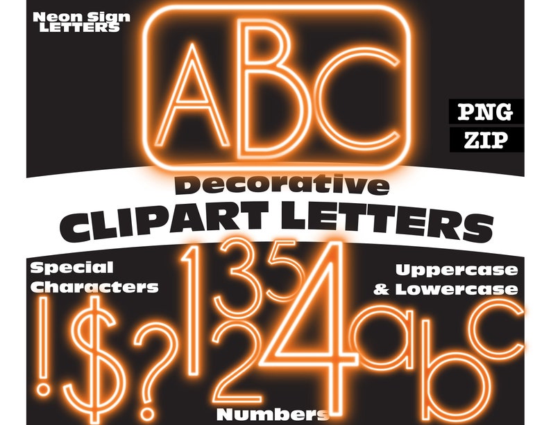Glowing Posh Neon Sign Clipart Letters PNG Digital Download 8 Complete ...