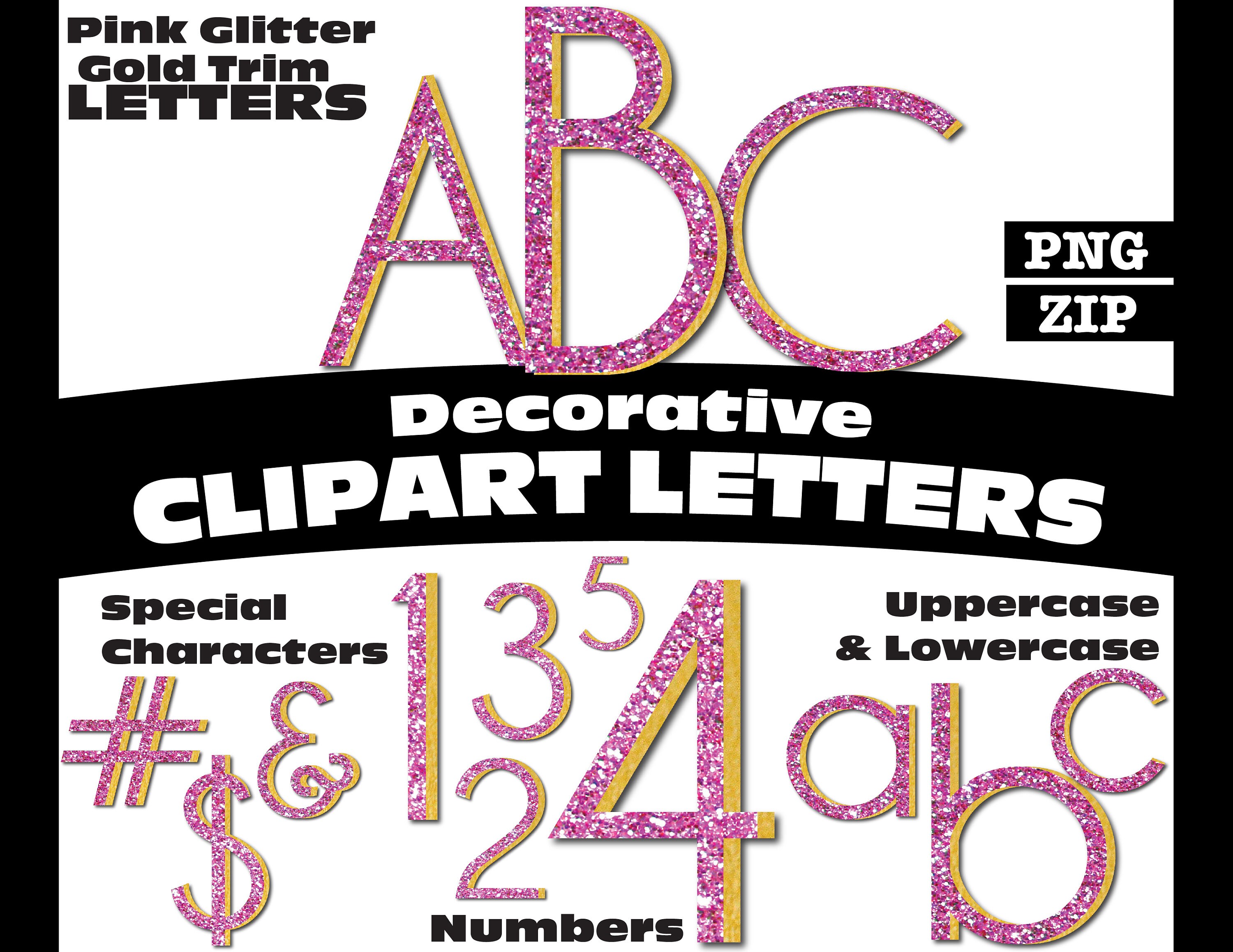 Pink Glitter Gold Trim Clipart Letters: Complete Alphanumeric Set (PNG ...