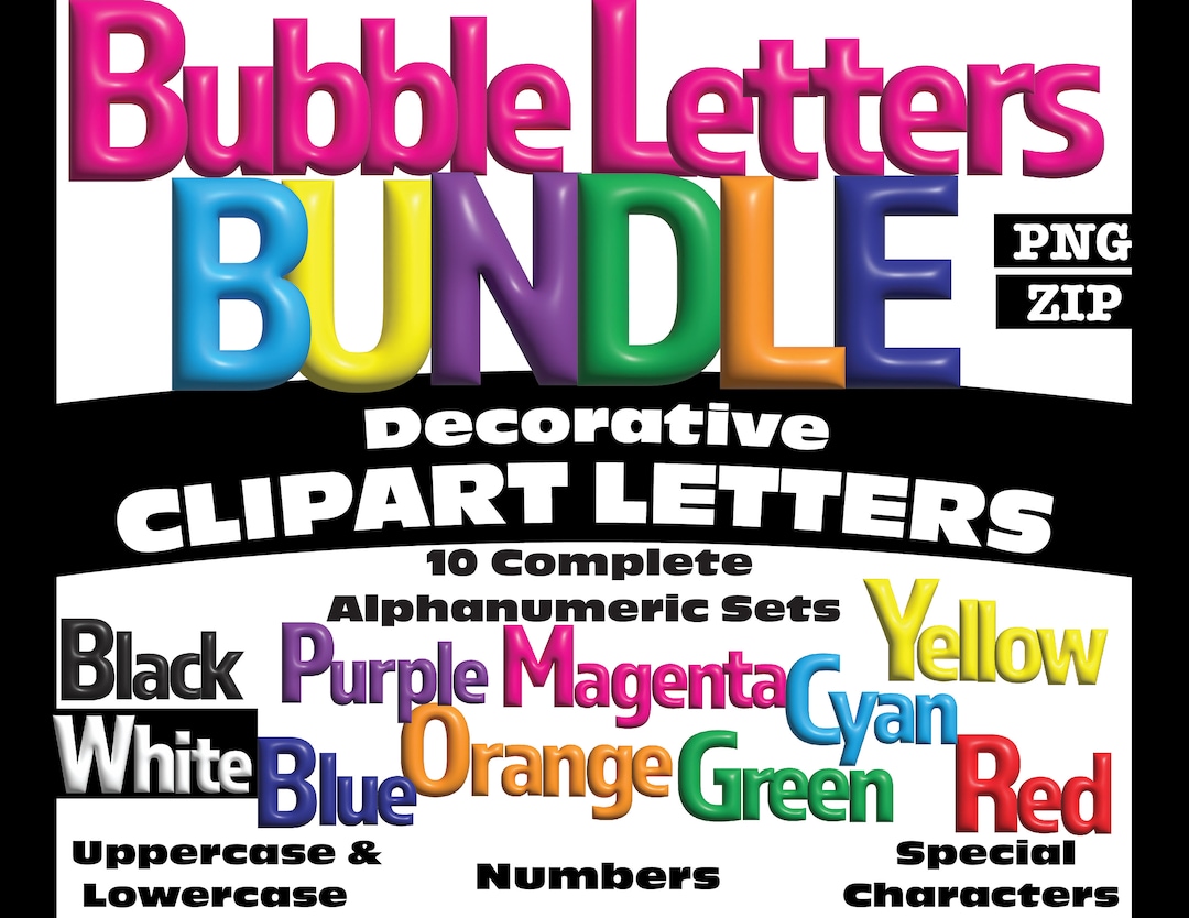 Clipart Bubble Letters Bundle 10 Complete Alphanumeric Sets PNG Digital ...