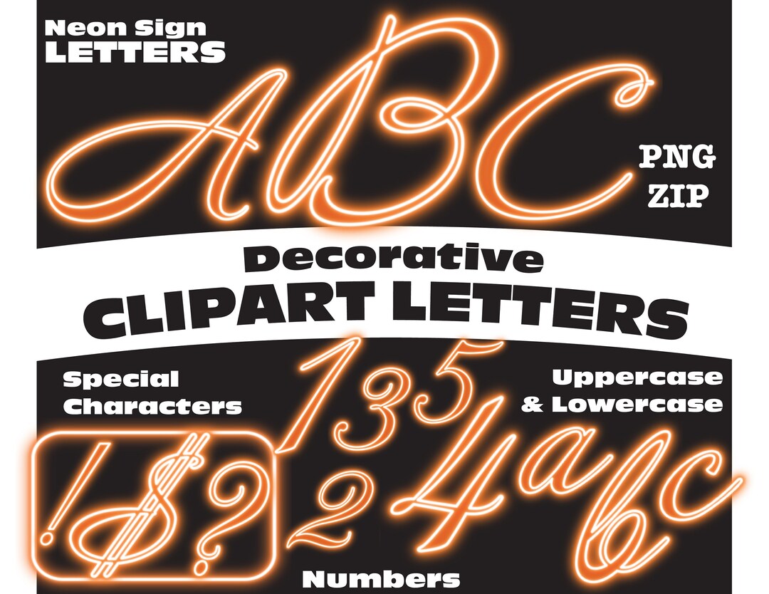 Orange Glowing Neon Sign Clipart Letters PNG Digital Download Complete ...
