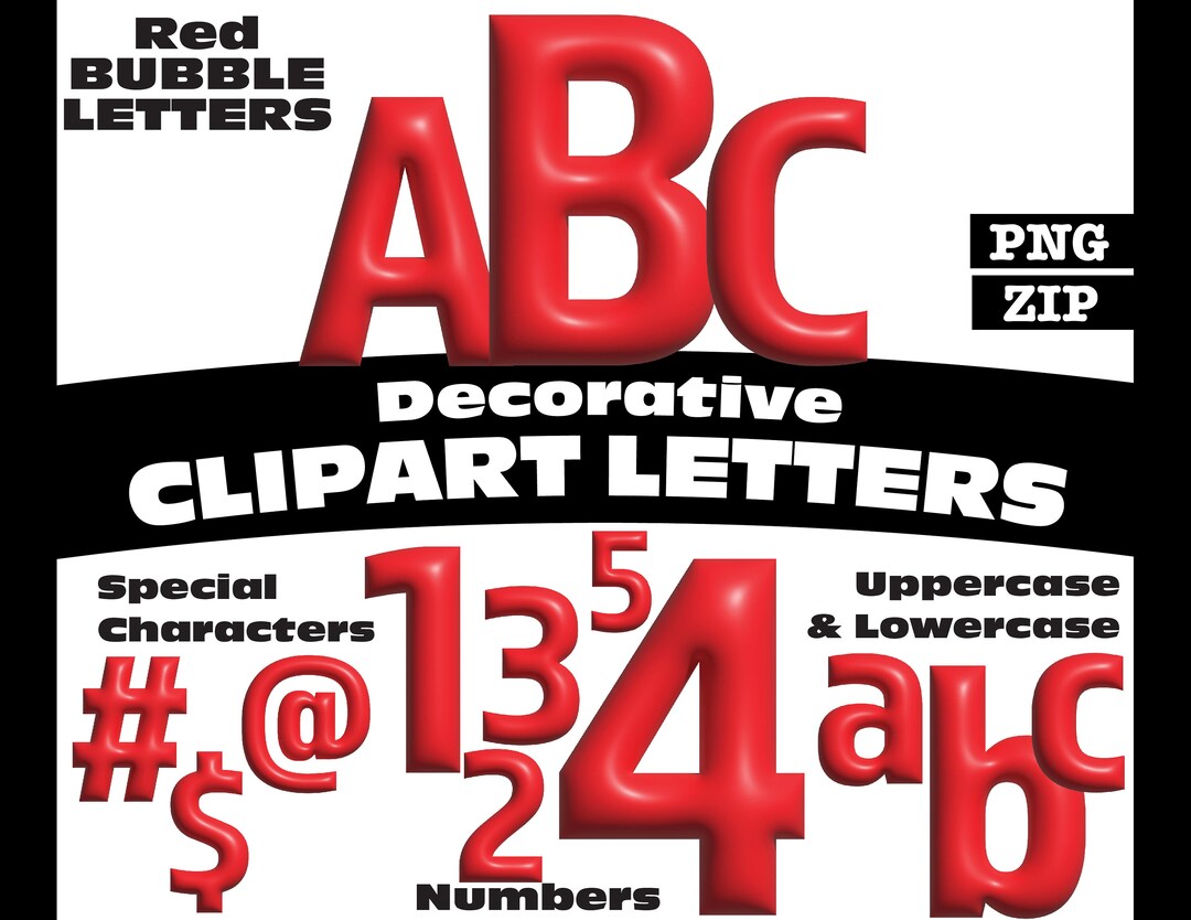 Red Bubble Clipart Letters PNG Digital Download Complete Alphanumeric ...