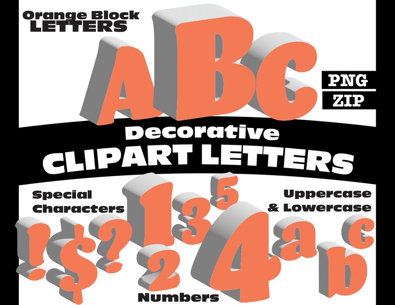 Orange 3D Clipart Block Letters PNG Digital Download Complete ...