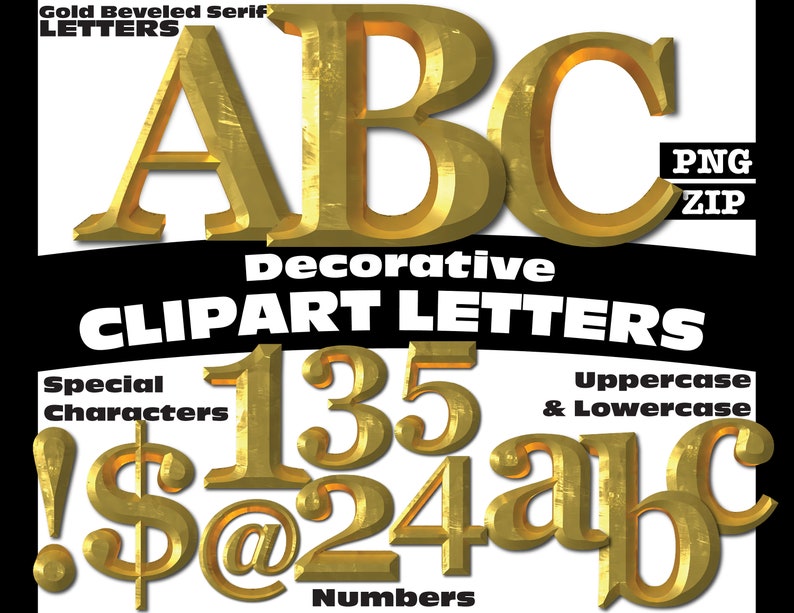 3D Shiny Gold Beveled Clipart Letters PNG Digital Download Serif Font ...