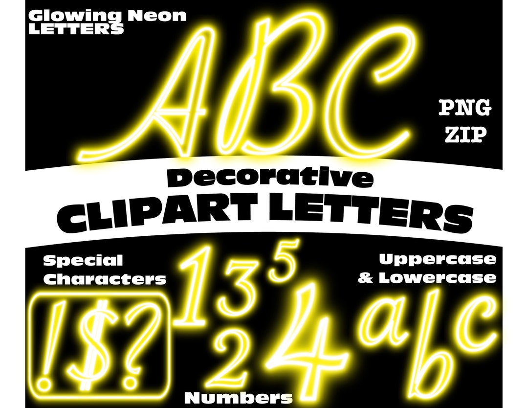 Glowing Yellow Neon Sign Clipart Letters PNG Digital Download Complete ...