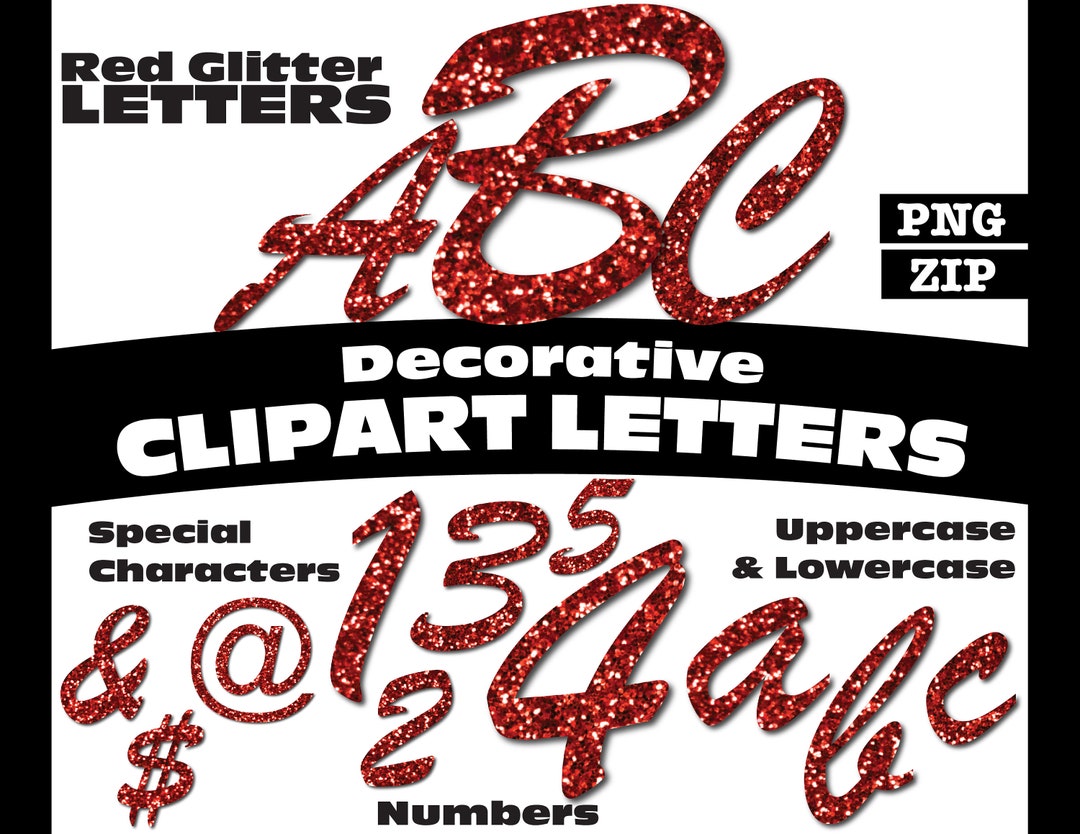 Red Glitter Clipart Letters PNG Digital Download Complete Alphanumeric ...