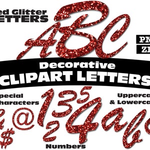 Red Glitter Clipart Letters PNG Digital Download Complete Alphanumeric ...