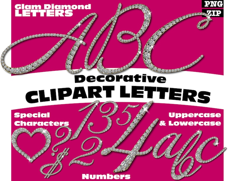 Glam Diamond Clipart Letters PNG Complete Alphanumeric Set Elegant ...