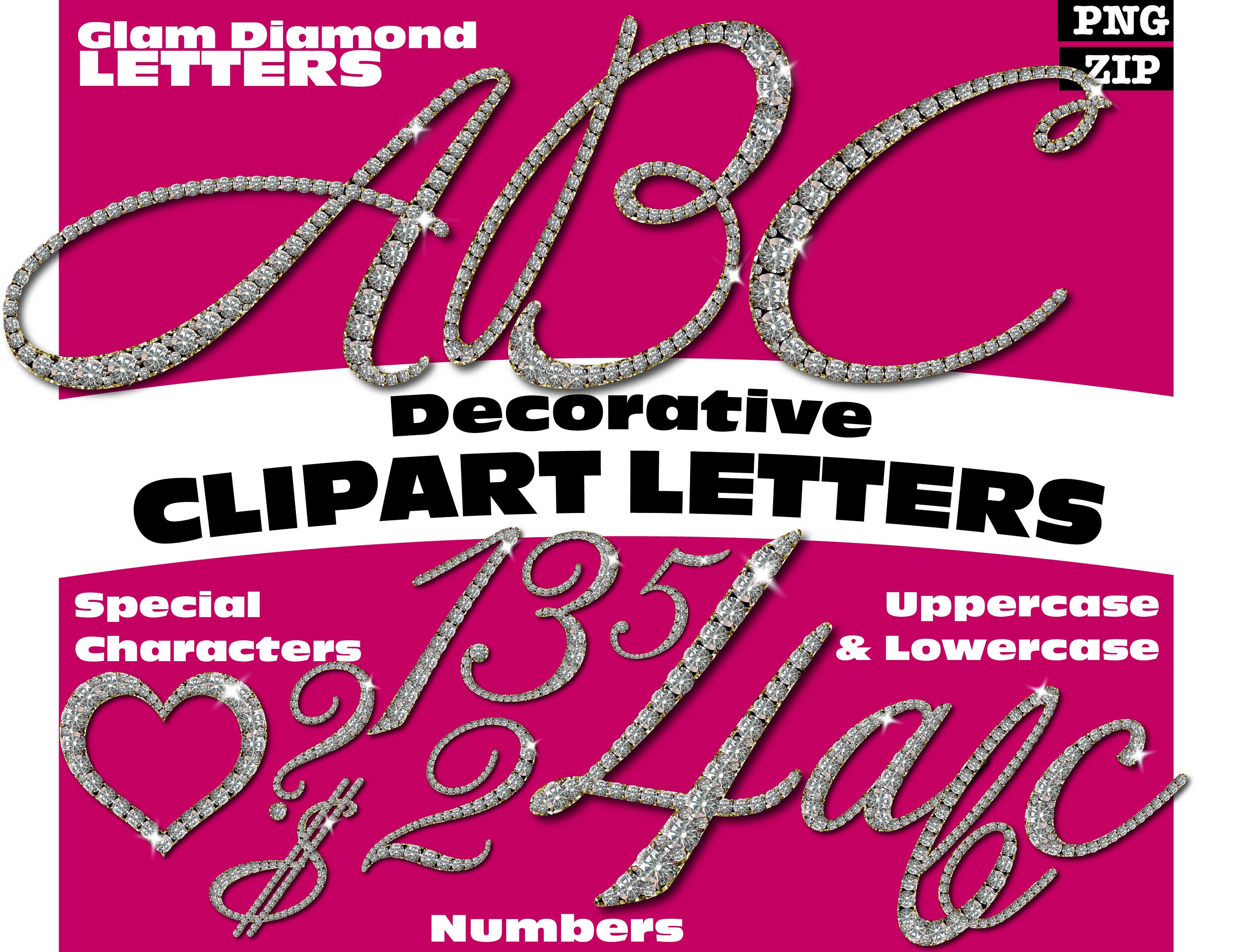 Glam Diamond Clipart Letters PNG Complete Alphanumeric Set Elegant ...