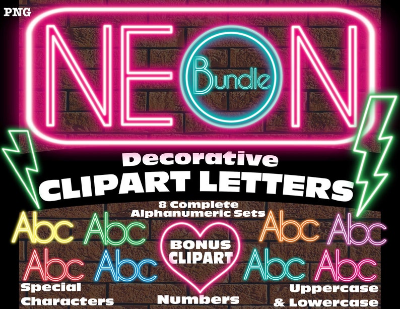 Glowing Posh Neon Sign Clipart Letters PNG Digital Download 8 Complete ...