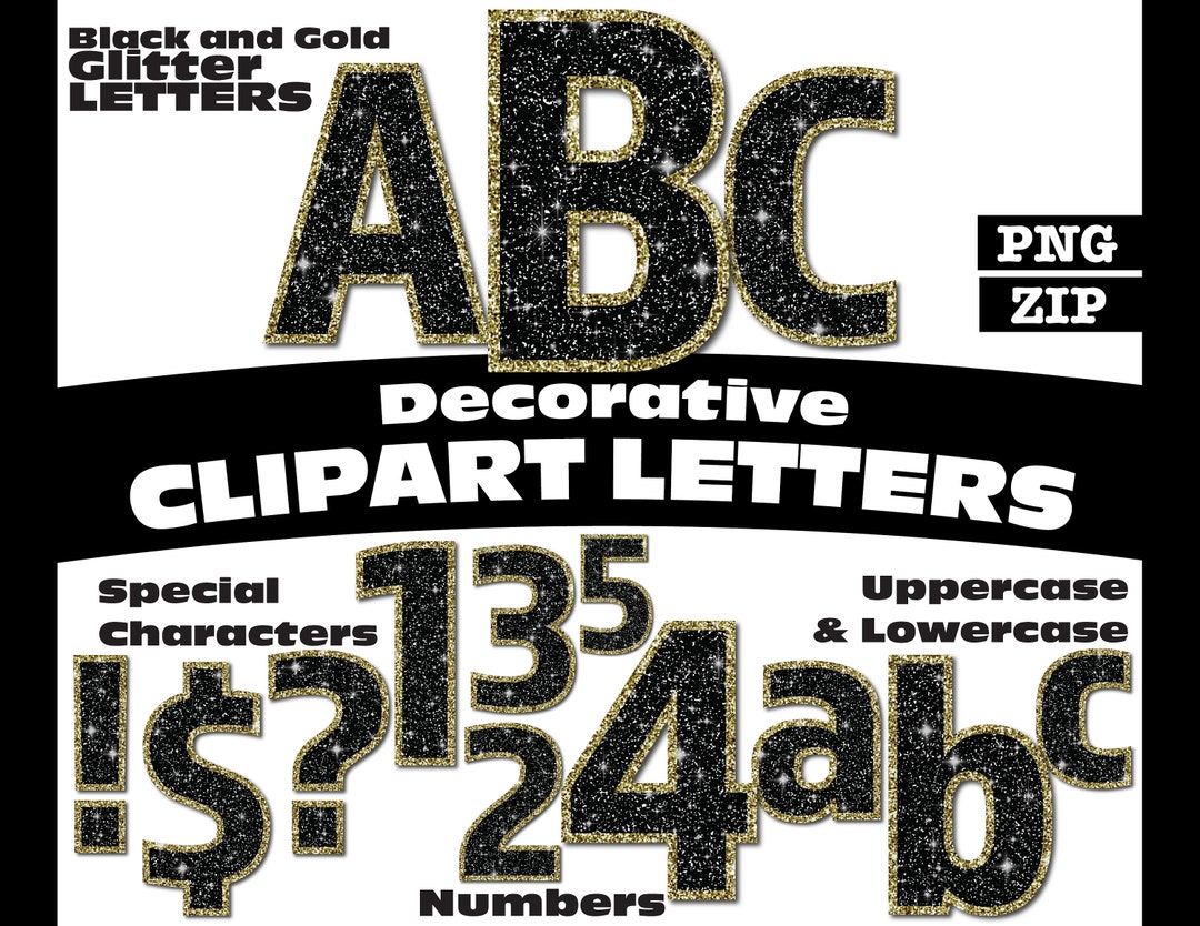 Black and Gold Glitter Clipart Letters PNG Digital Download Complete ...