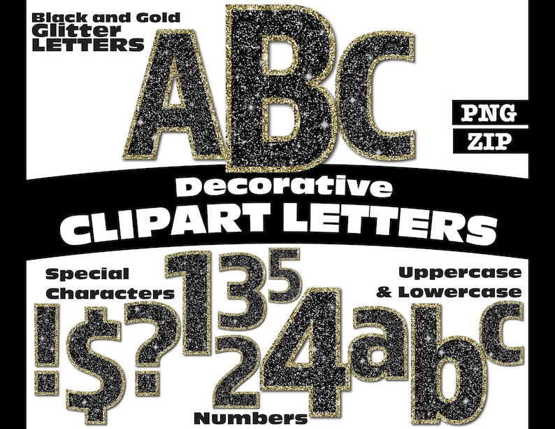 Black and Gold Glitter Clipart Letters PNG Digital Download Complete ...
