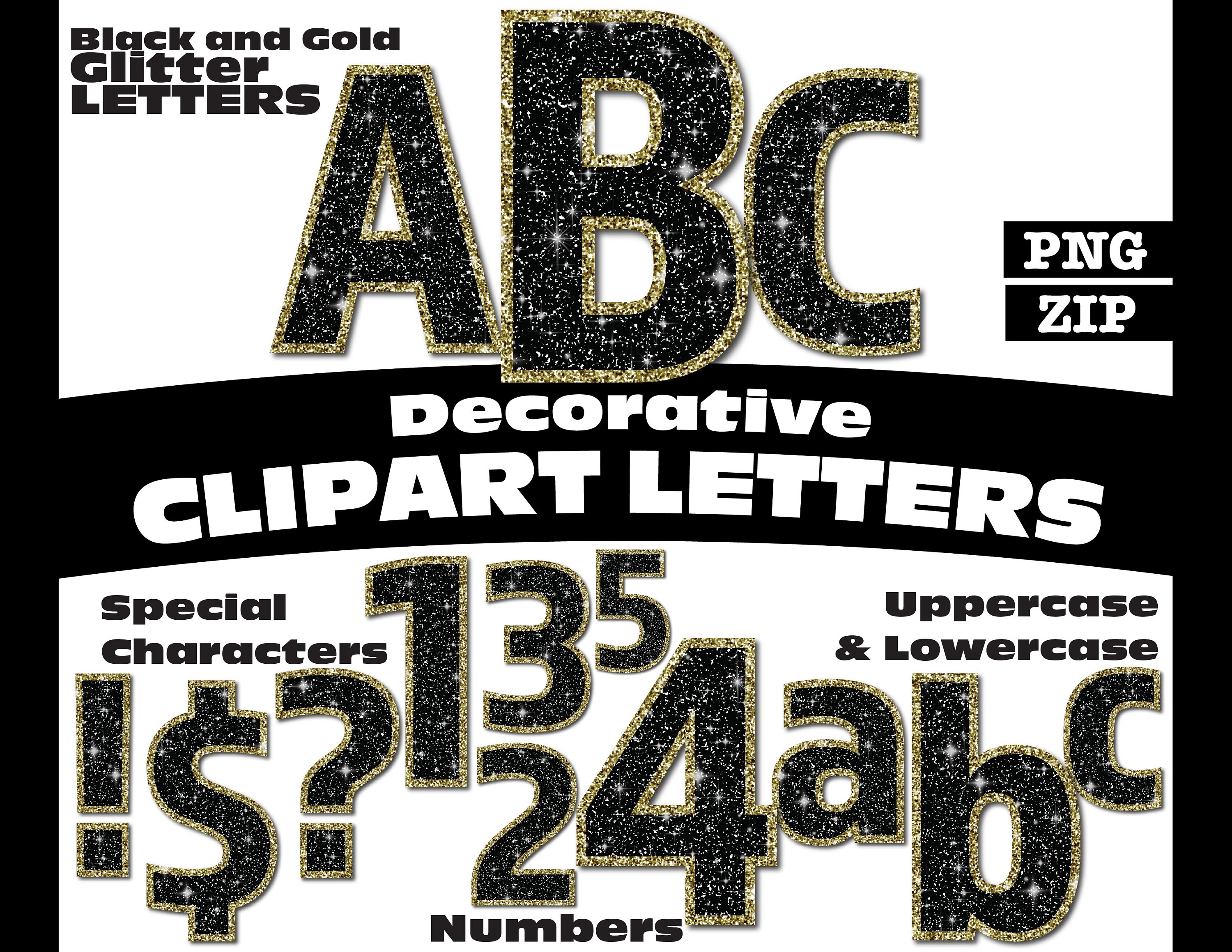 Black and Gold Glitter Clipart Letters PNG Digital Download Complete ...