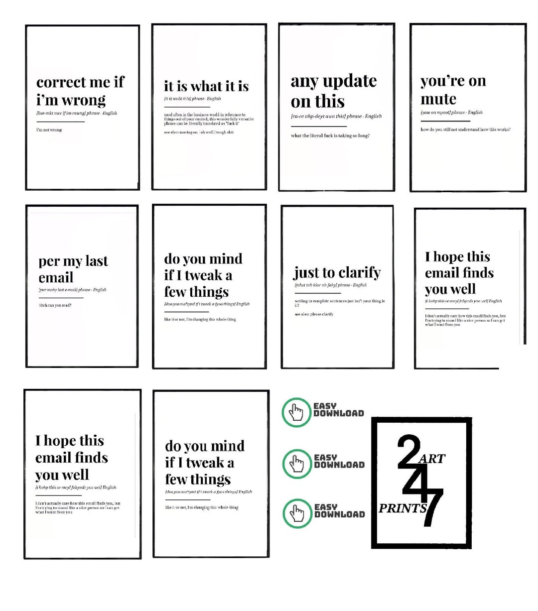 Bundle of 10 Funny Office Definitions and Quotes| Funny Wall Art Prints ...