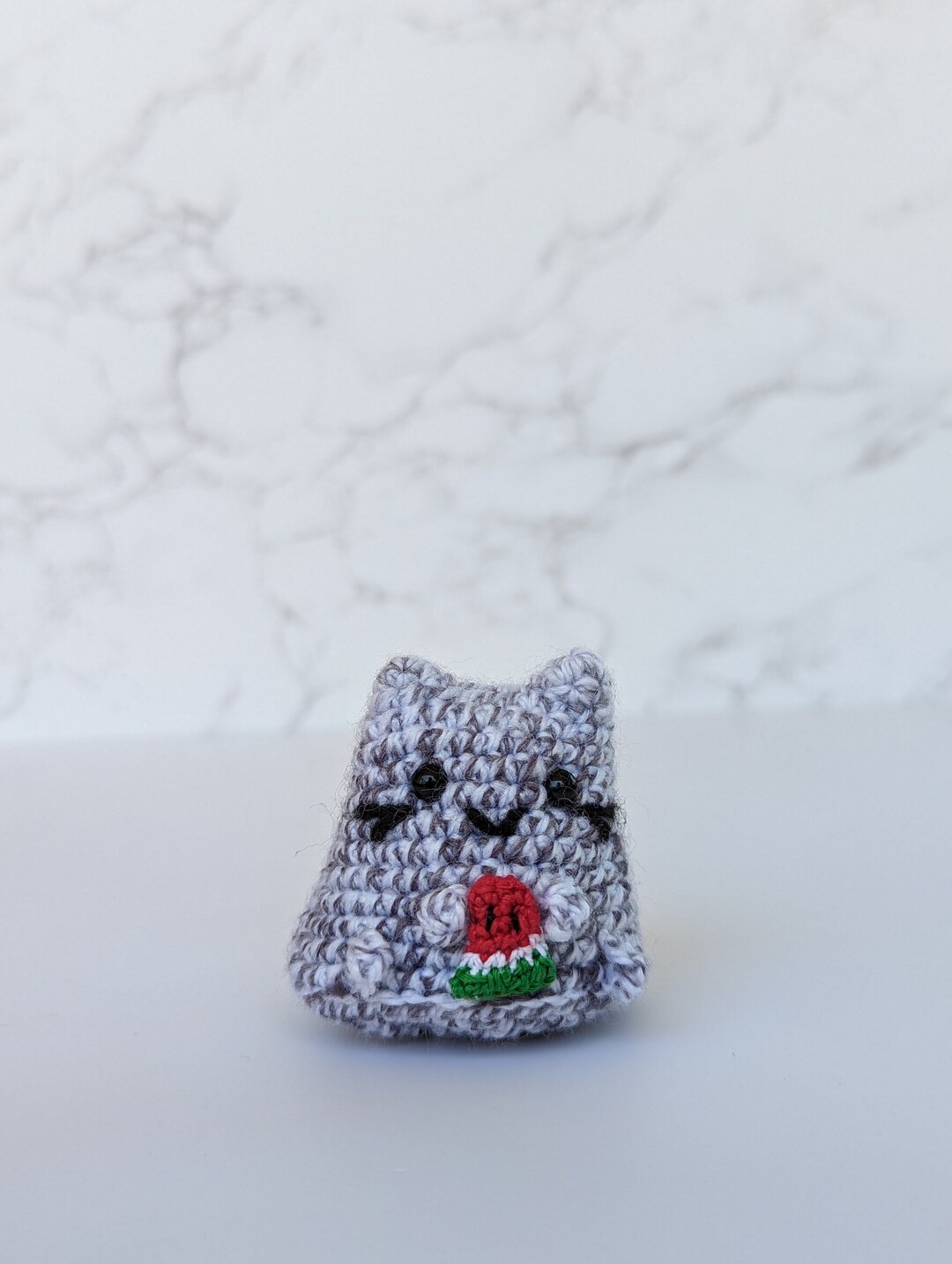 Crocheted Marbled Grey Cat With Watermelon, Crocheted Animal, Cute ...