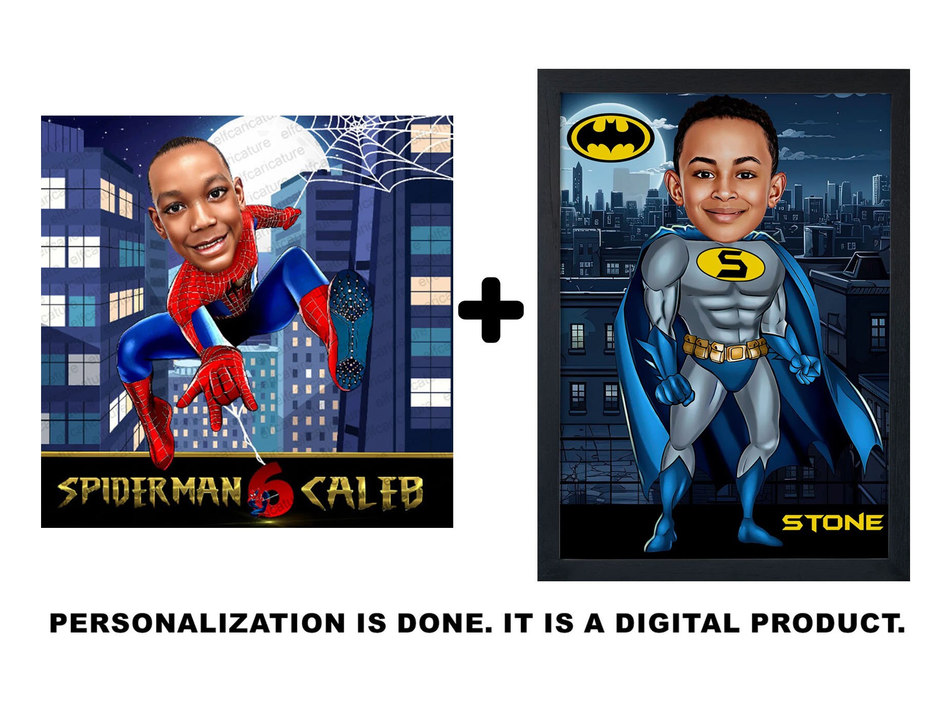 Personalized BATMAN and Spiderman Superhero Cartoon Portrait, Custom ...