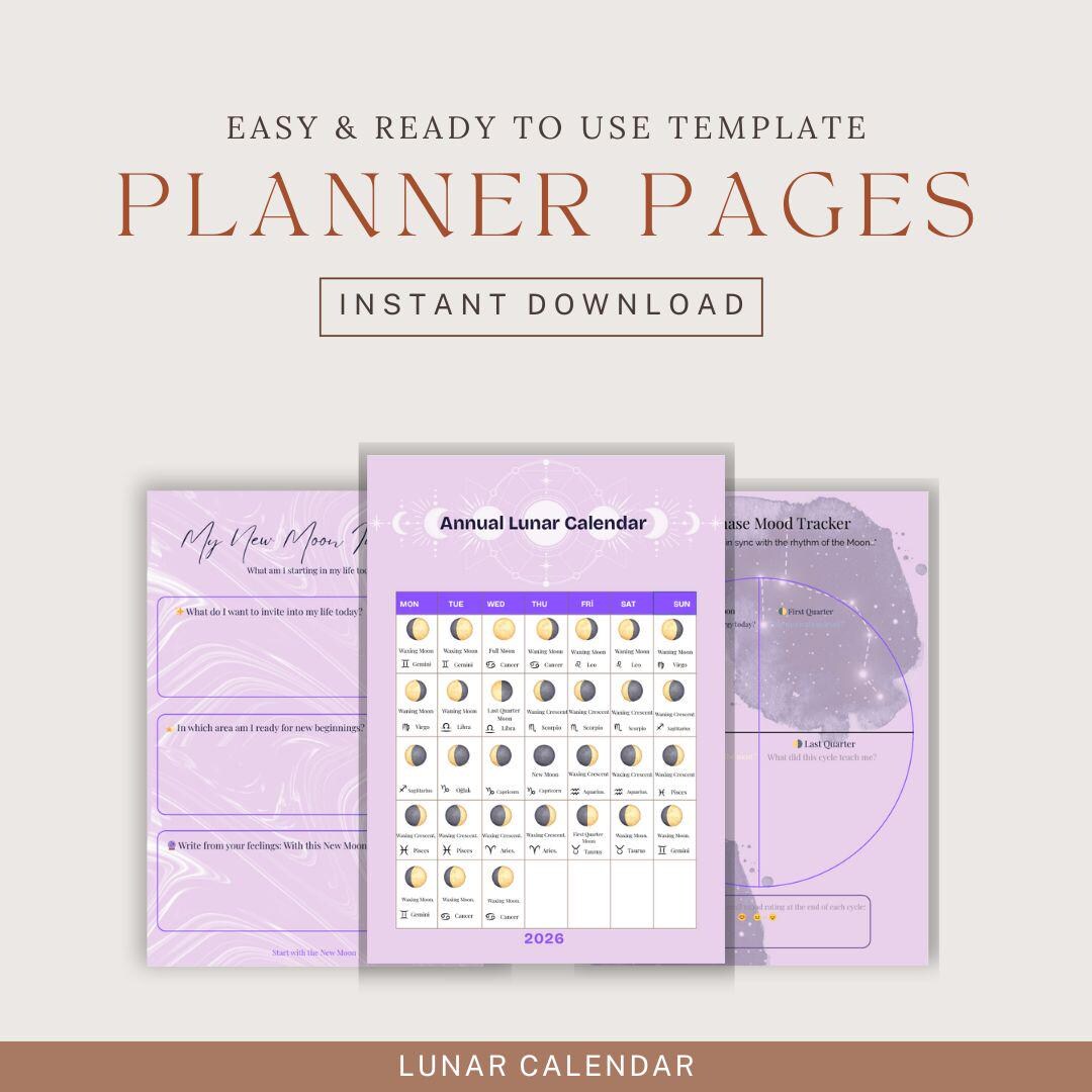 Printable Moon Calendar 2026 | Lunar Phases Wall Art | Digital ...