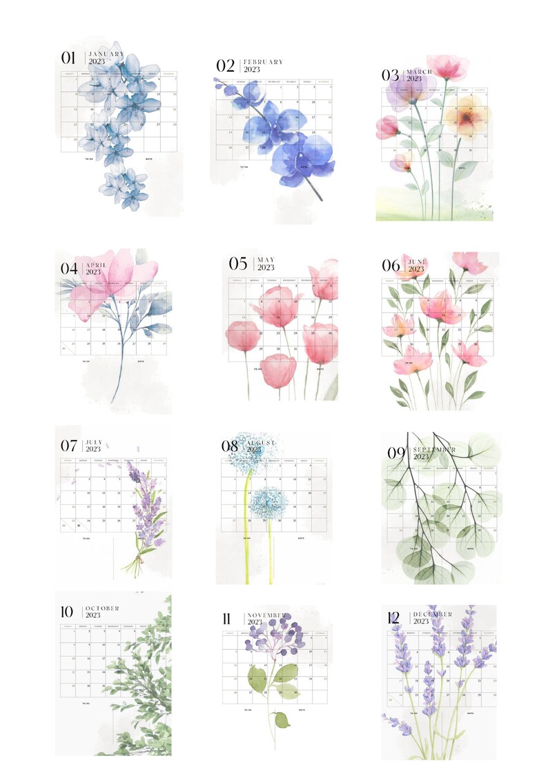 Printable Flower Calendar 2023 Monthly Planner 2023 A4, Letter, A3 ...