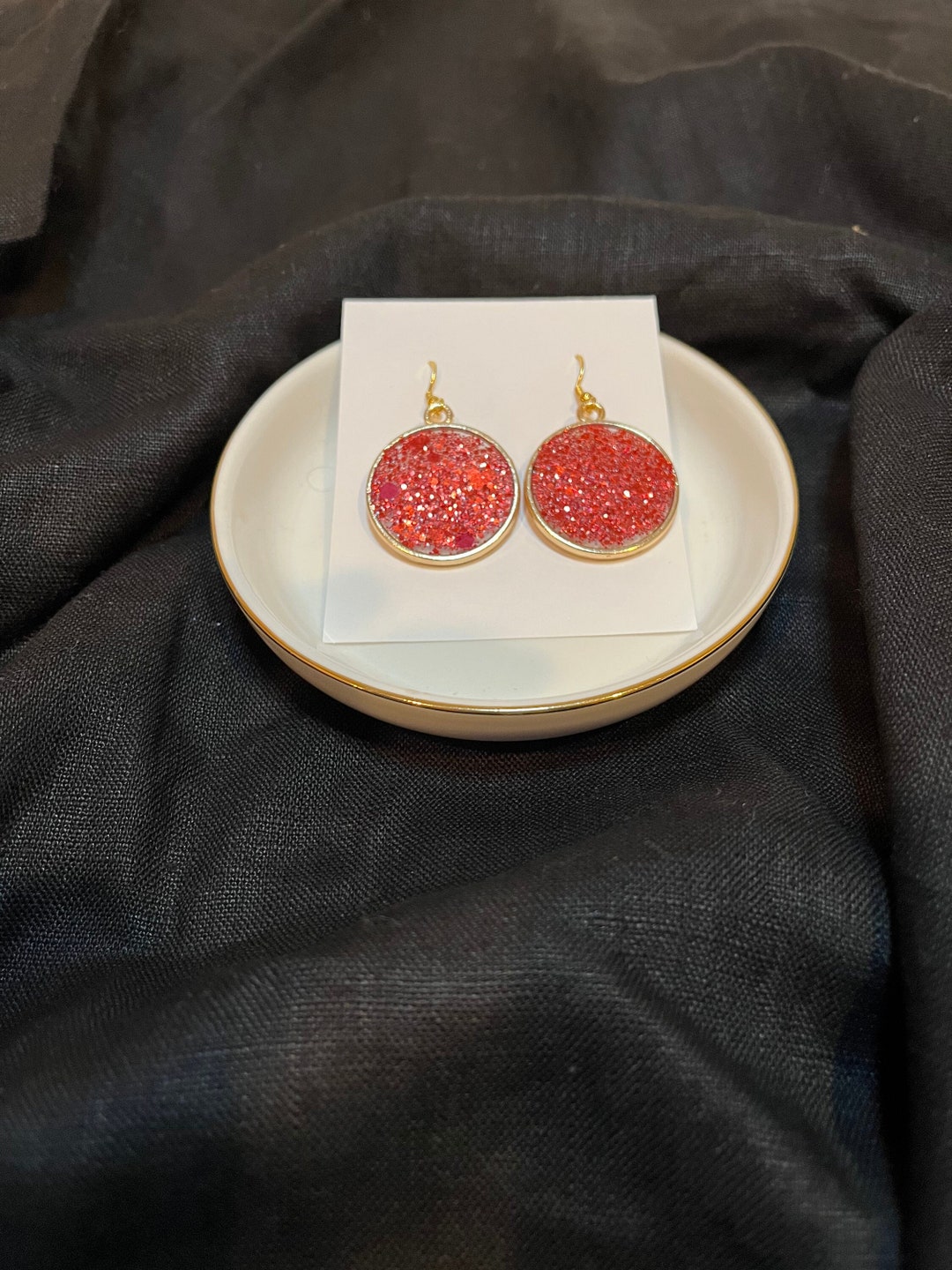 Sparkly Cute Red Gold Frame Glitter Resin Earrings - Etsy
