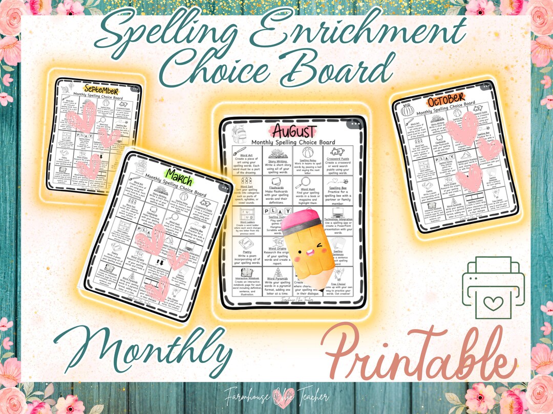 Spelling Enrichment, Spelling Choice Boards, Yearly Spelling Menu,3rd ...